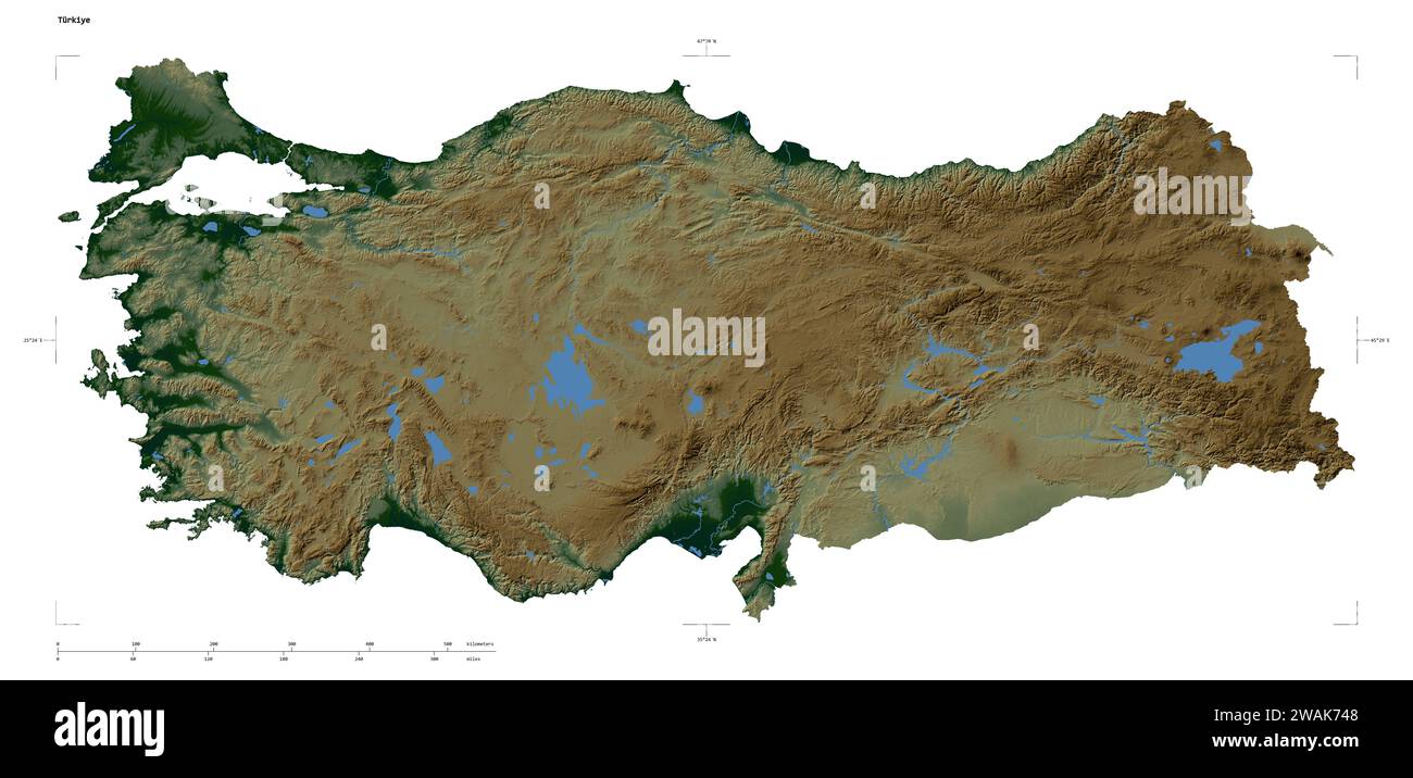 Shape of a Colored elevation map with lakes and rivers of the Turkiye ...
