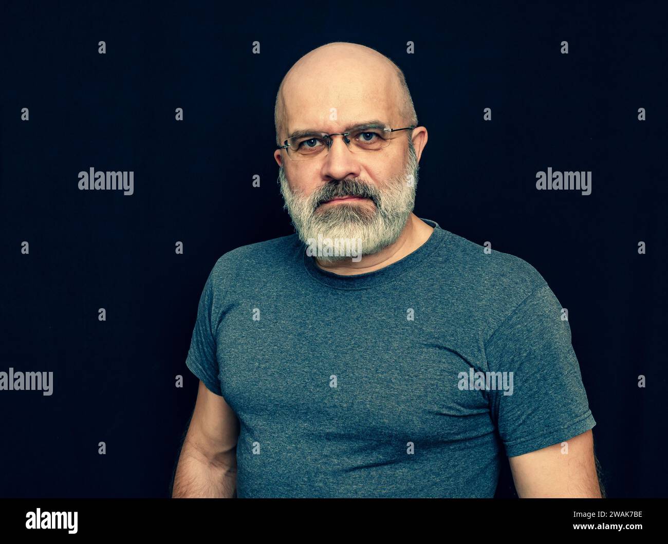 Portrait of a bald man with a gray beard. A middle-aged man looks at ...