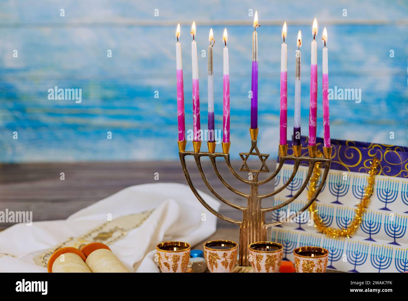 Traditional Hanukkah religious symbol depicting Hanukkah menorah with ...