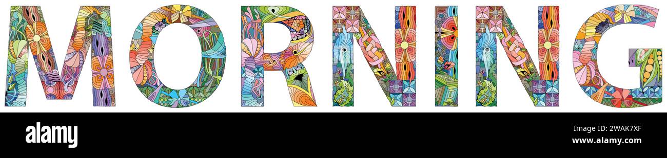 Hand-painted art design. Hand drawn illustration word MORNING for t ...