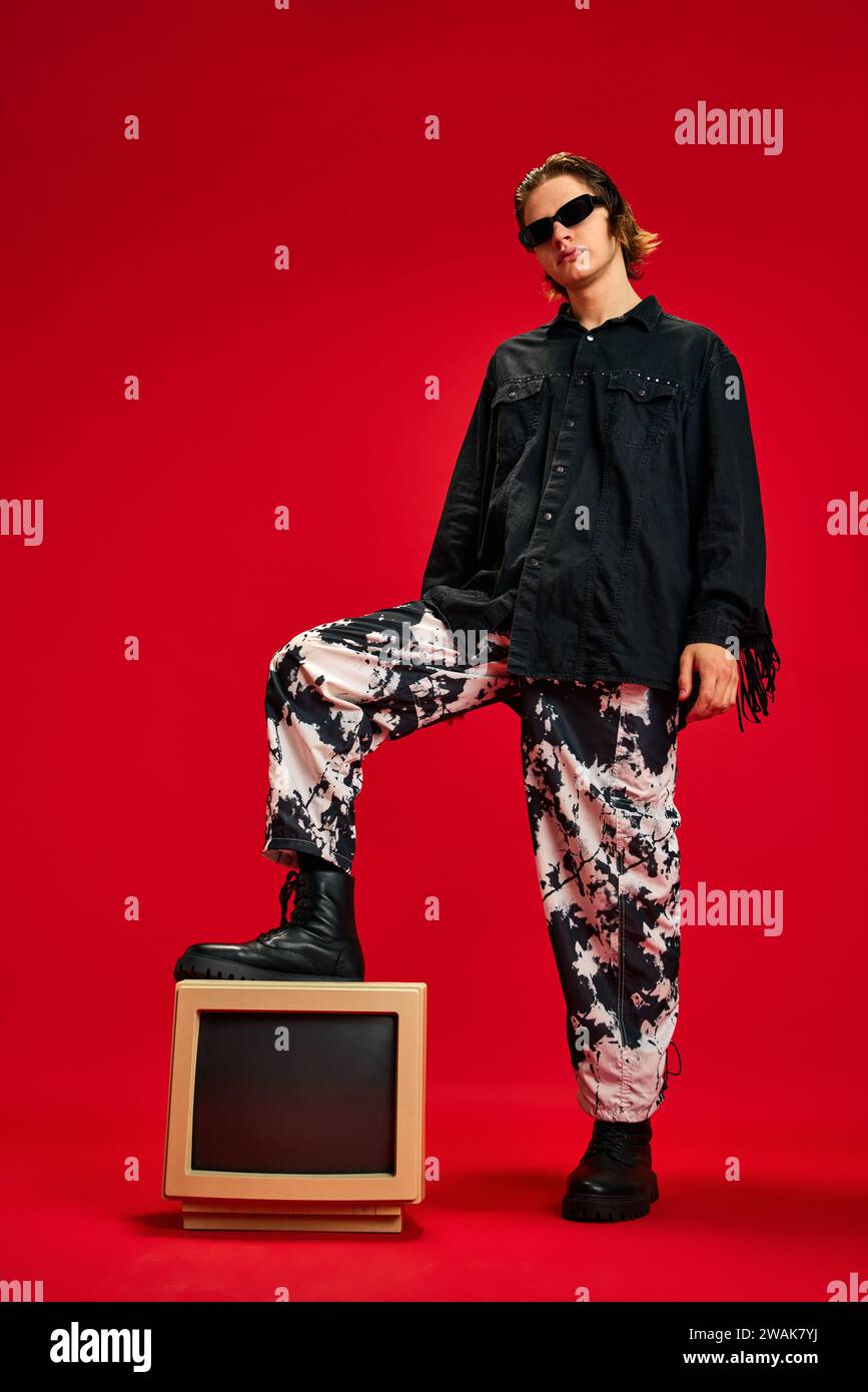 Full length portrait of cool attitude man in retro fashion style posing ...