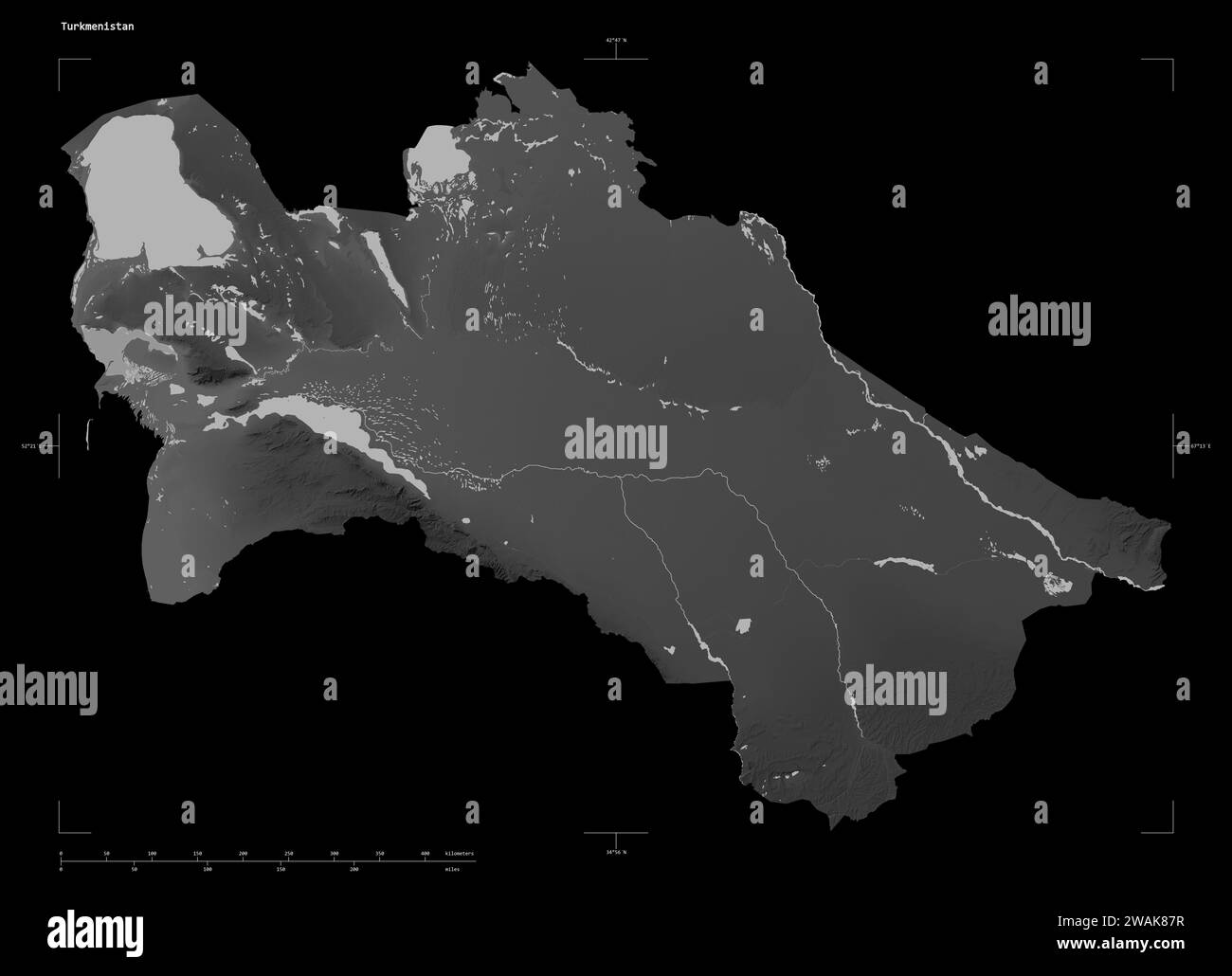 Shape of a Grayscale elevation map with lakes and rivers of the Turkmenistan, with distance ...