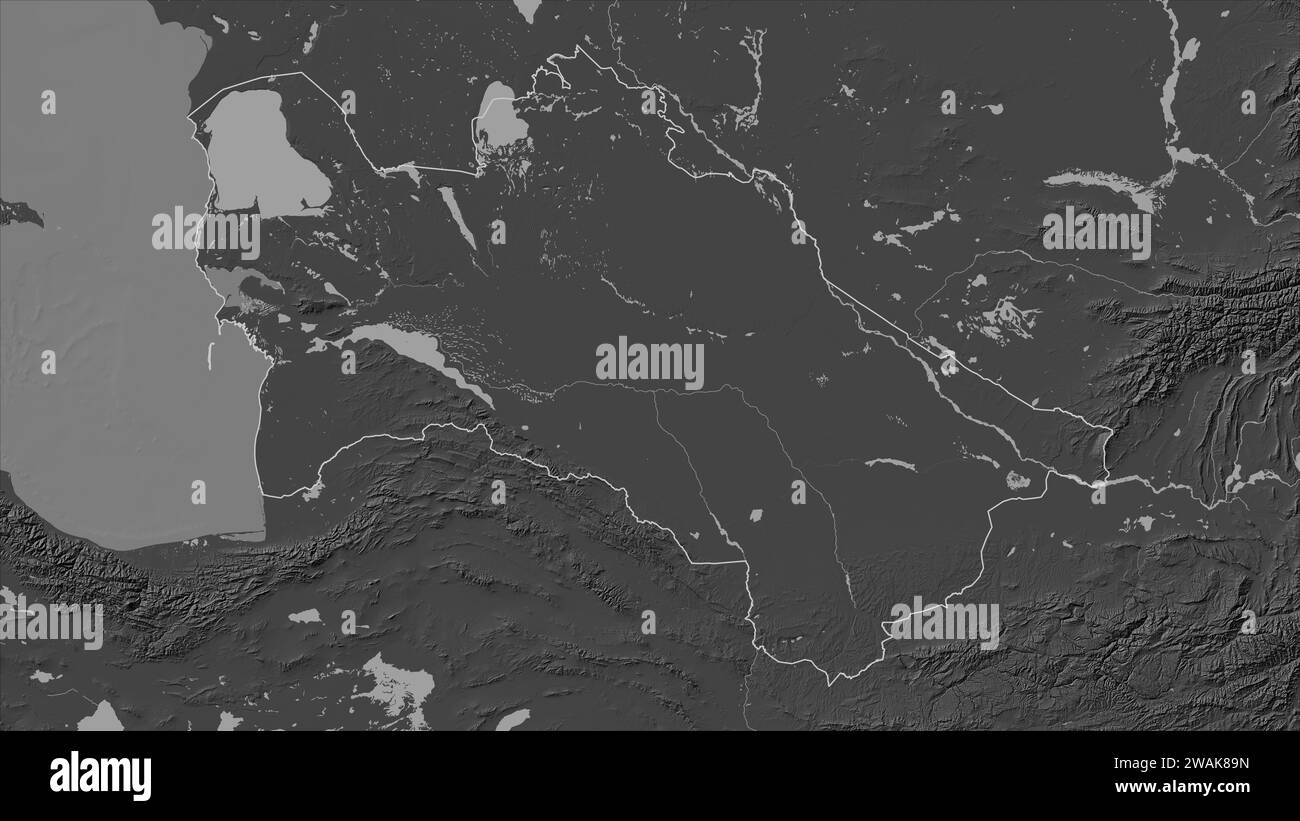 Turkmenistan outlined on a Bilevel elevation map with lakes and rivers ...