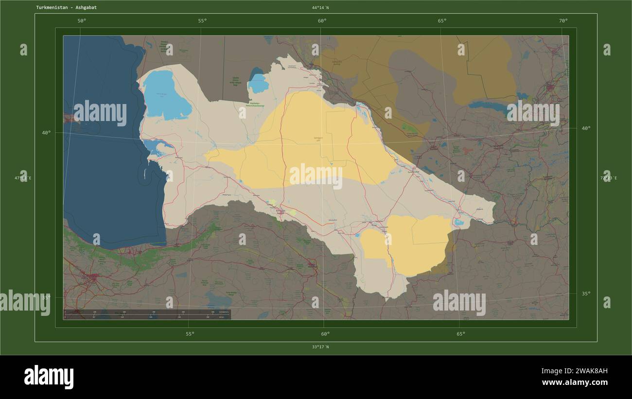 Turkmenistan highlighted on a topographic, OSM Germany style map map ...