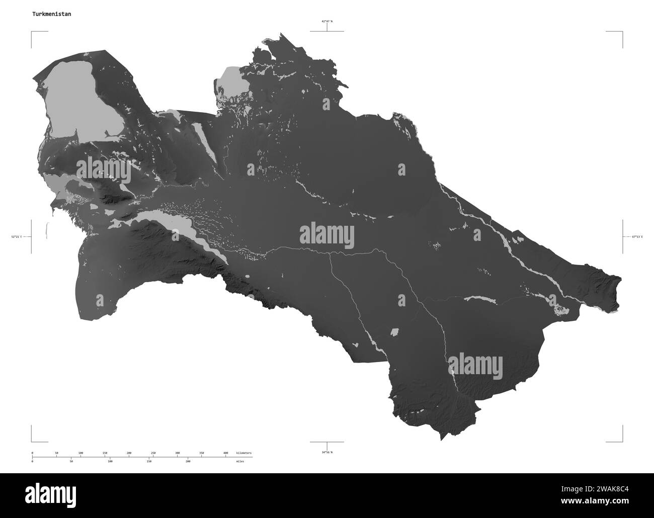 Shape of a Grayscale elevation map with lakes and rivers of the Turkmenistan, with distance ...