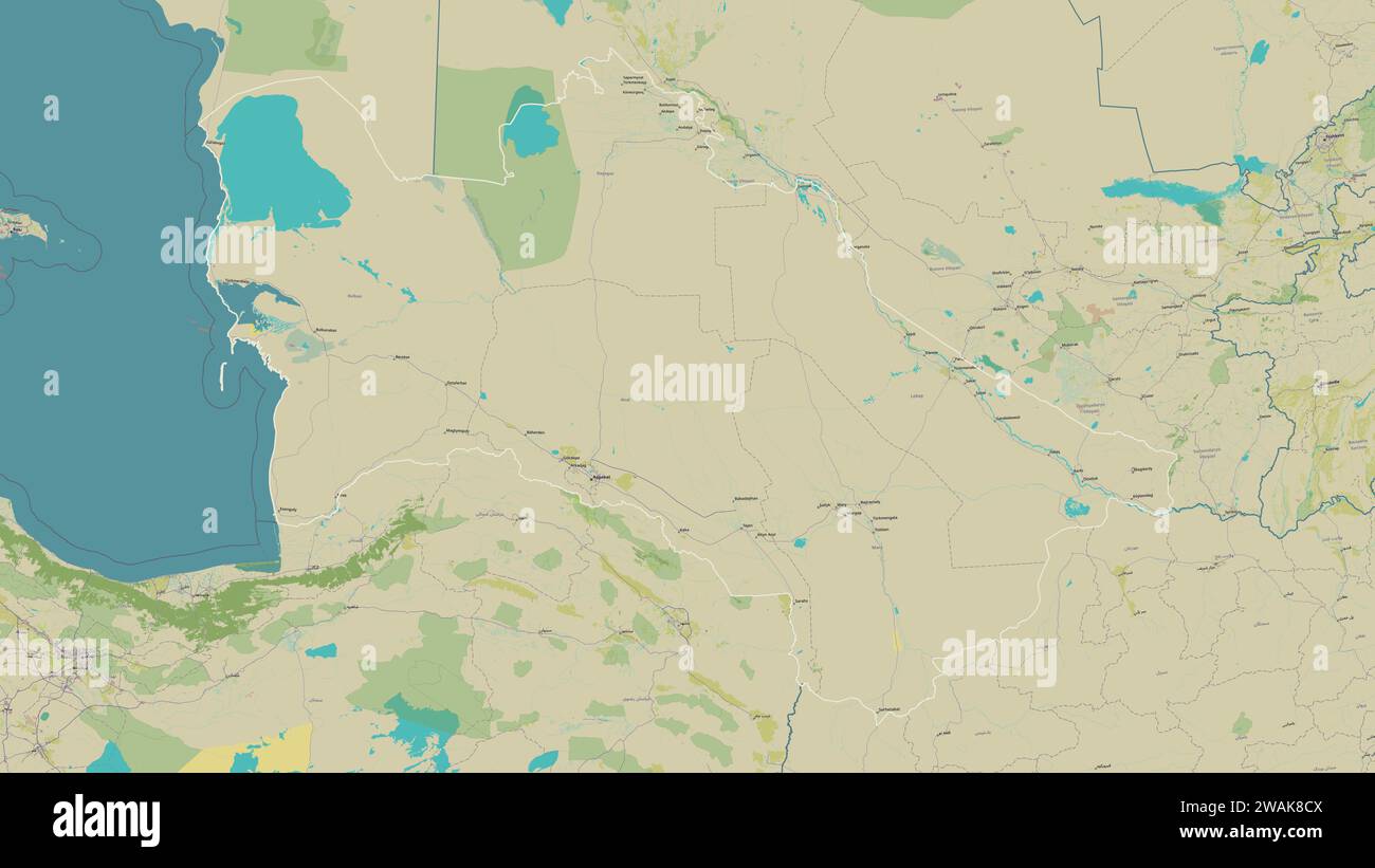 Turkmenistan outlined on a topographic, OSM Humanitarian style map ...
