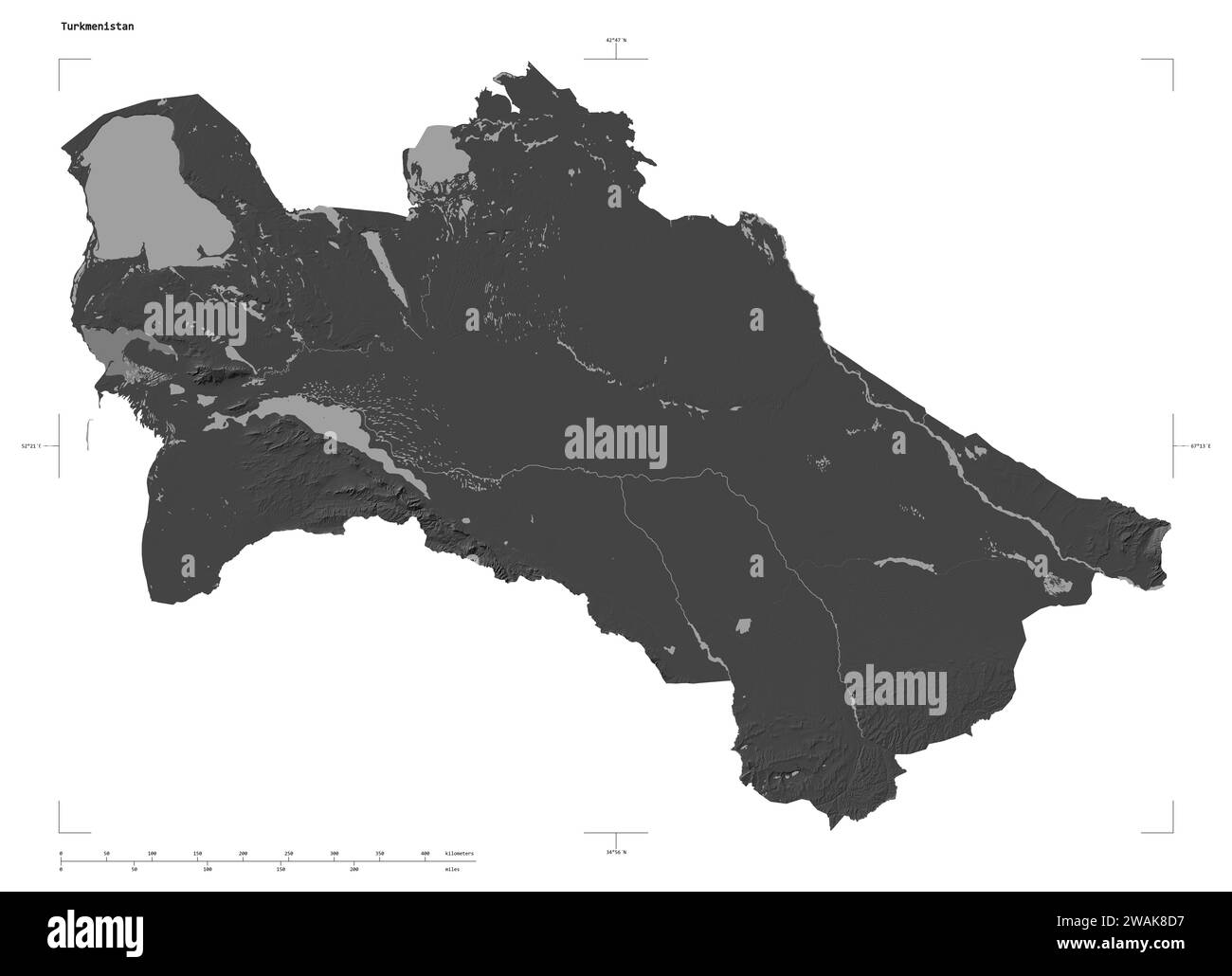 Shape of a Bilevel elevation map with lakes and rivers of the Turkmenistan, with distance scale ...