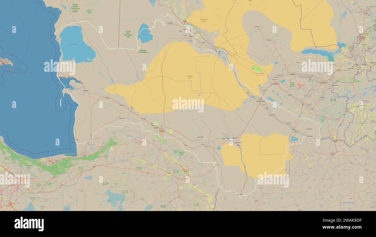 Turkmenistan outlined on a topographic, OSM standard style map Stock ...