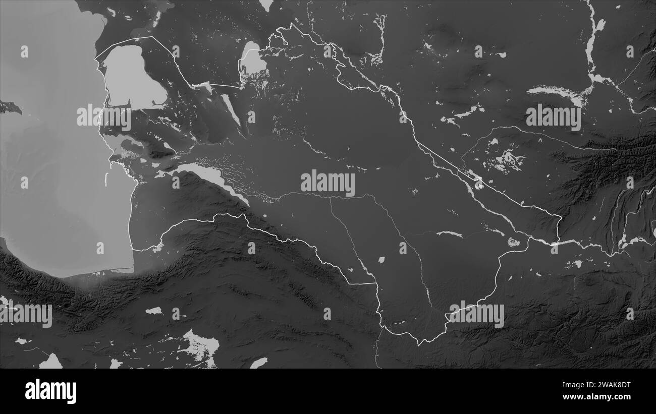 Turkmenistan outlined on a Grayscale elevation map with lakes and ...