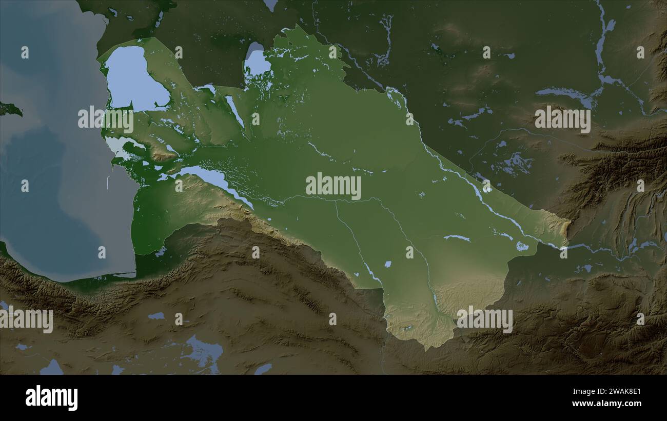 Turkmenistan highlighted on a Pale colored elevation map with lakes and ...