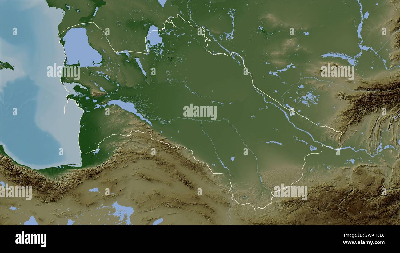 Turkmenistan outlined on a Pale colored elevation map with lakes and ...
