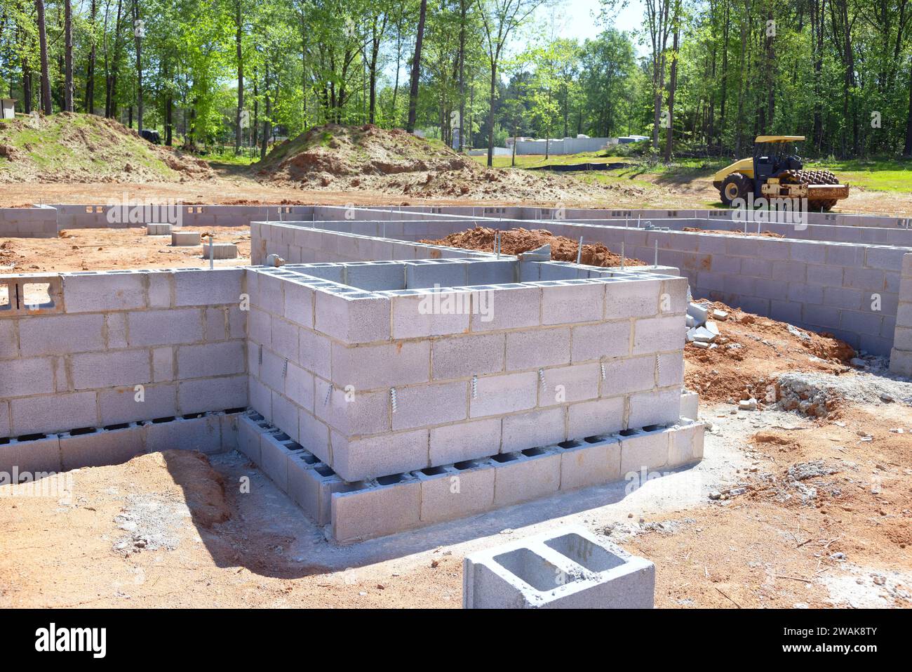 Foundation of house on construction site is constructed cement blocks ...
