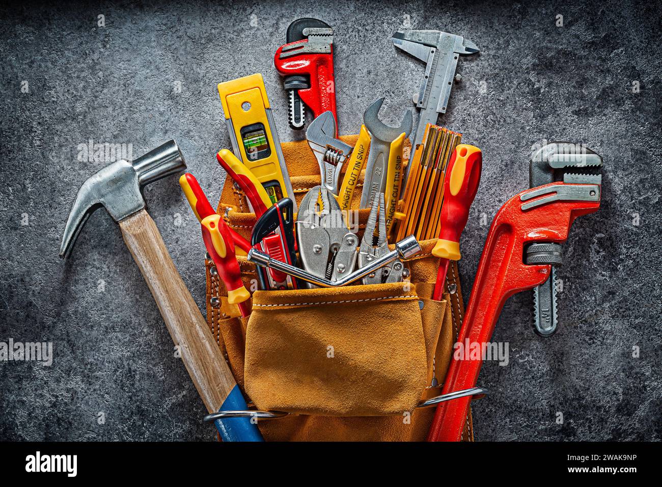 Big Set Of Construction Tools In Leather Toolbelt Stock Photo - Alamy