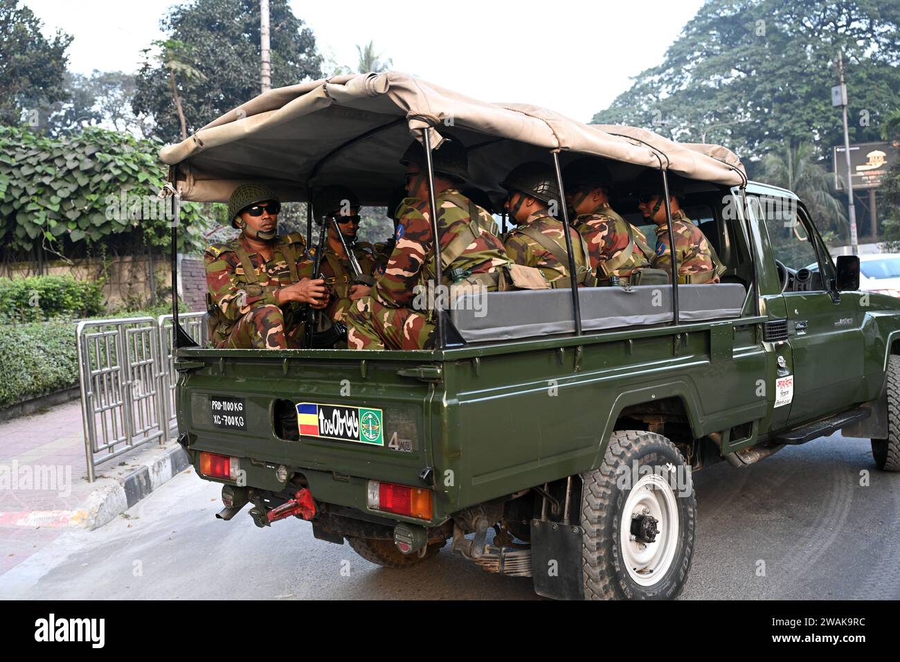Dhaka, Bangladesh, on January 5, 2024. Bangladesh Army personnel sit in ...