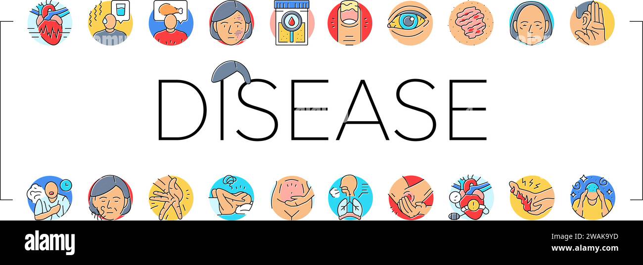 Disease symptom fever cough icons set vector fatigue headache hi-res ...