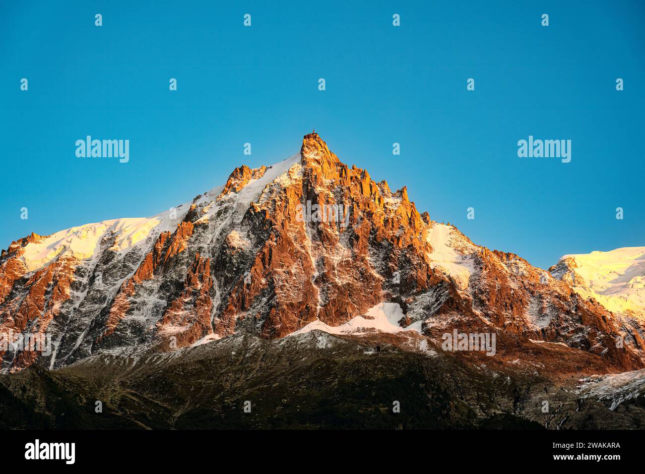 Observatory and antenna summit of Aiguille du Midi from Mont Blanc massif in French Alps at the ...