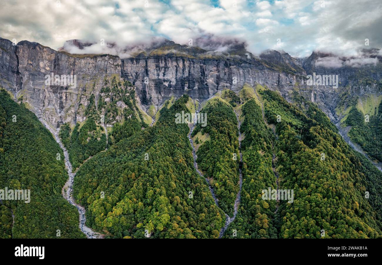 Majestic landscape of Giffre valley of mountain range with cascade in ...