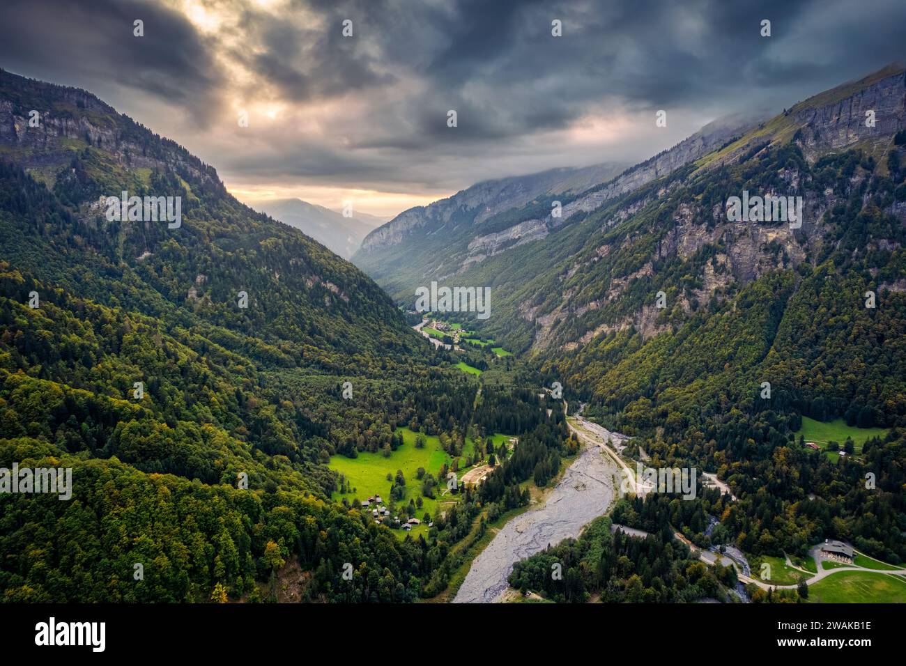 Aerial view French Alps landscape of Giffre valley mountain range in ...