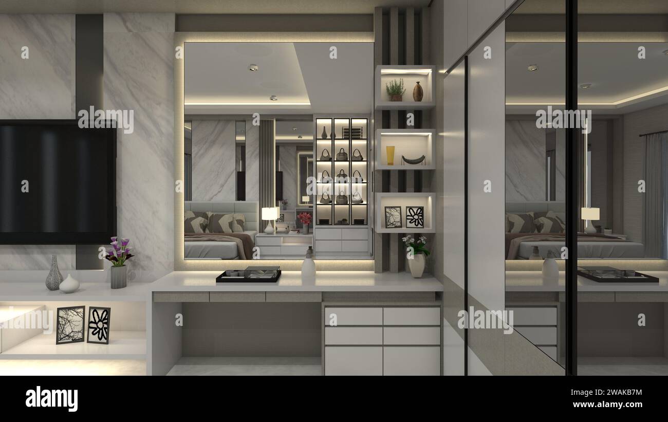 Modern and Luxury Dressing Table Design with Mirror and Shelving ...