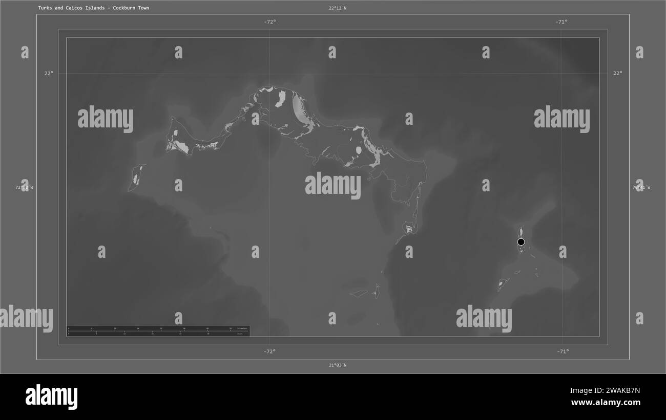 Turks and Caicos Islands highlighted on a Grayscale elevation map with lakes and rivers map with ...