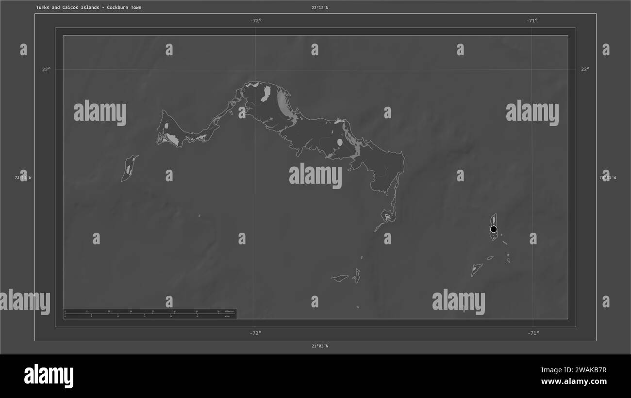 Turks and Caicos Islands highlighted on a Bilevel elevation map with lakes and rivers map with ...