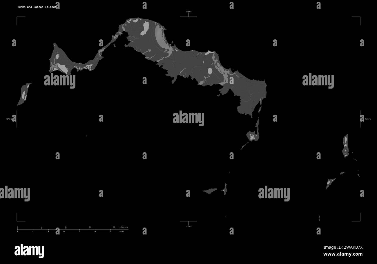 Shape of a Bilevel elevation map with lakes and rivers of the Turks and Caicos Islands, with ...