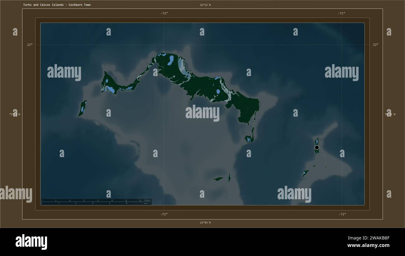 Turks and Caicos Islands highlighted on a Colored elevation map with lakes and rivers map with ...