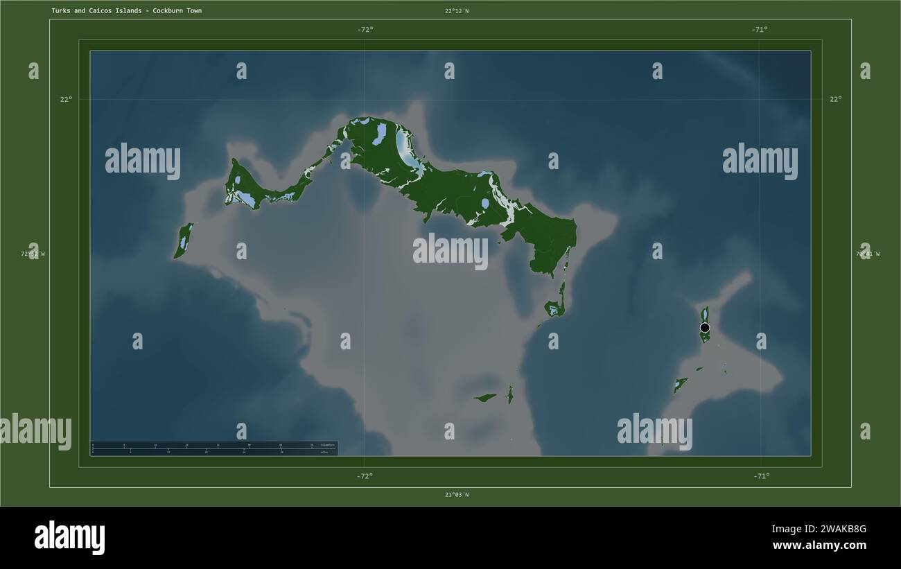 Turks and Caicos Islands highlighted on a Pale colored elevation map with lakes and rivers map ...