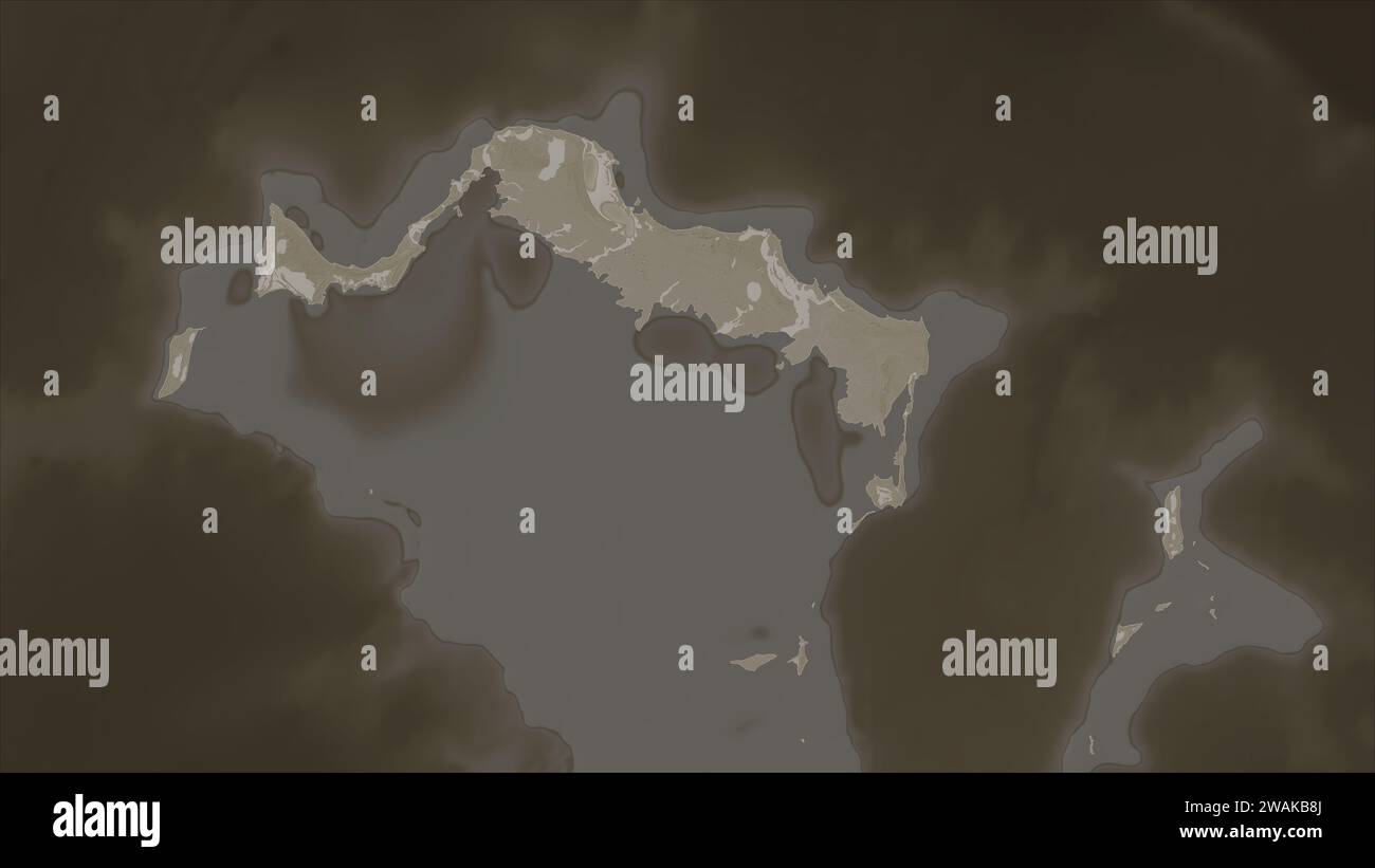 Turks and Caicos Islands highlighted on a elevation map colored in sepia tones with lakes and ...