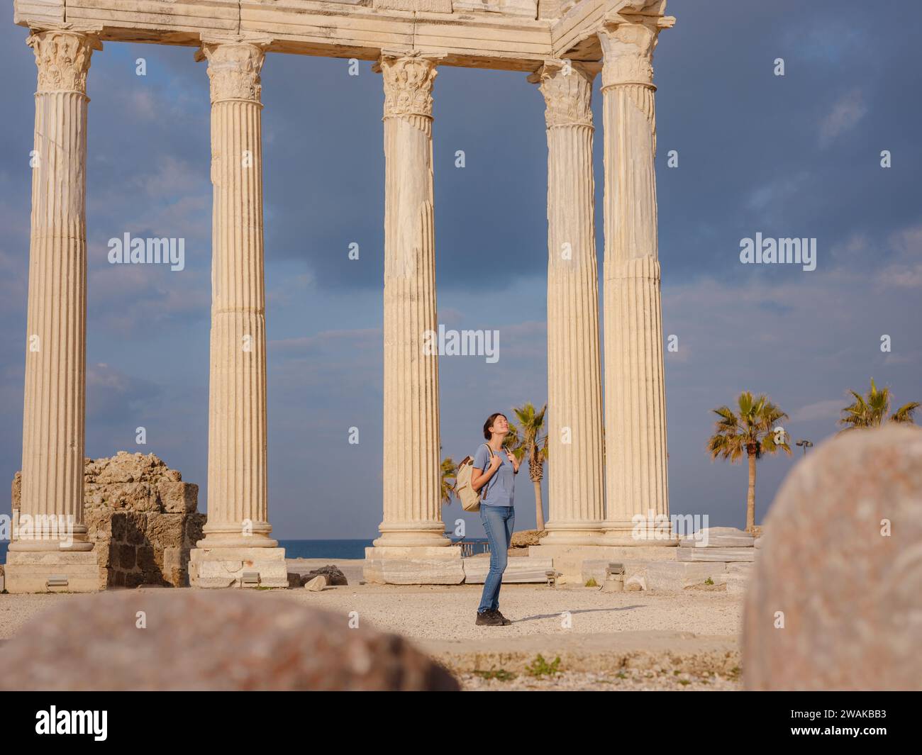 travel to ancient city of Side, Antalya coast of Turkey in tourist low ...