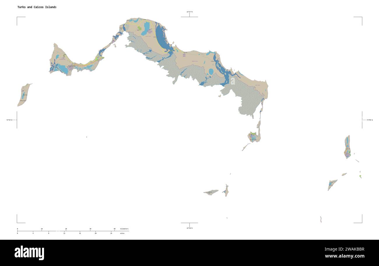Shape of a topographic, OSM standard style map of the Turks and Caicos Islands, with distance ...