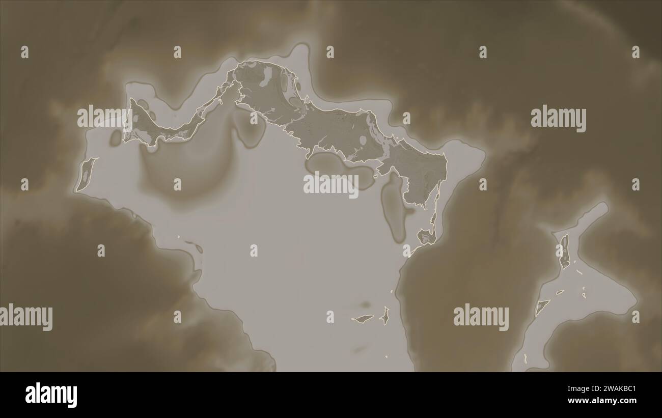 Turks and Caicos Islands outlined on a elevation map colored in sepia tones with lakes and ...