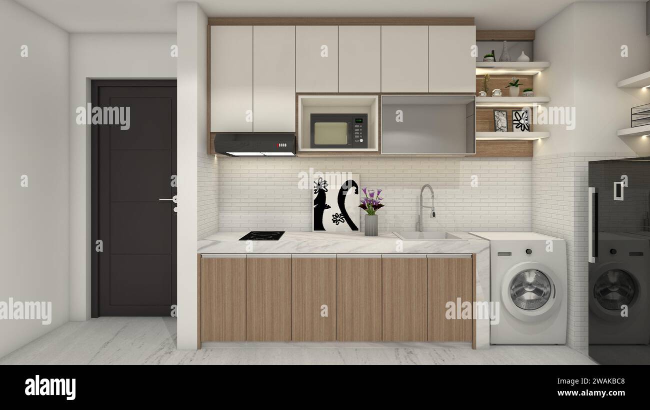 Minimalist Kitchen Set Design with Clothes Washing Machine Area Stock ...