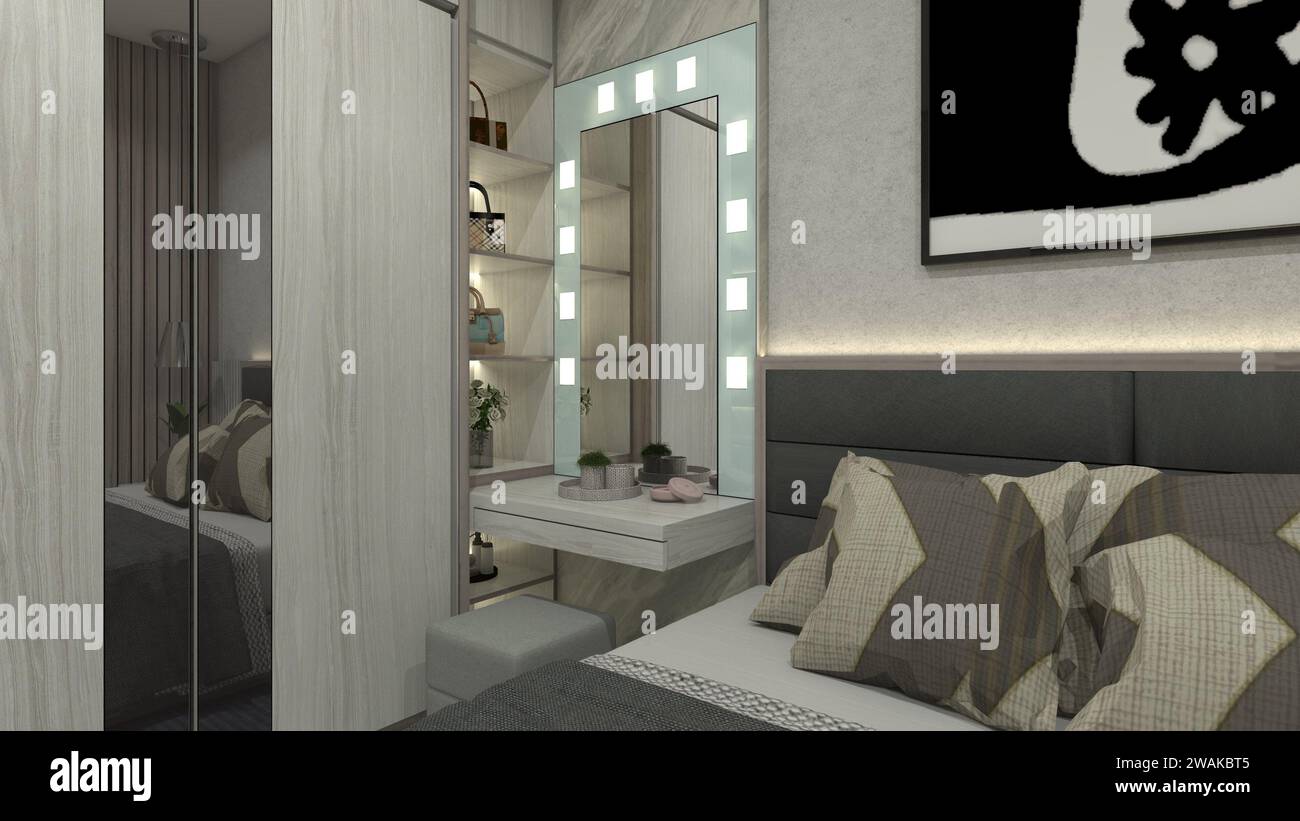 Modern and Luxury Dressing Table with Display Cabinet and Mirror Stock ...