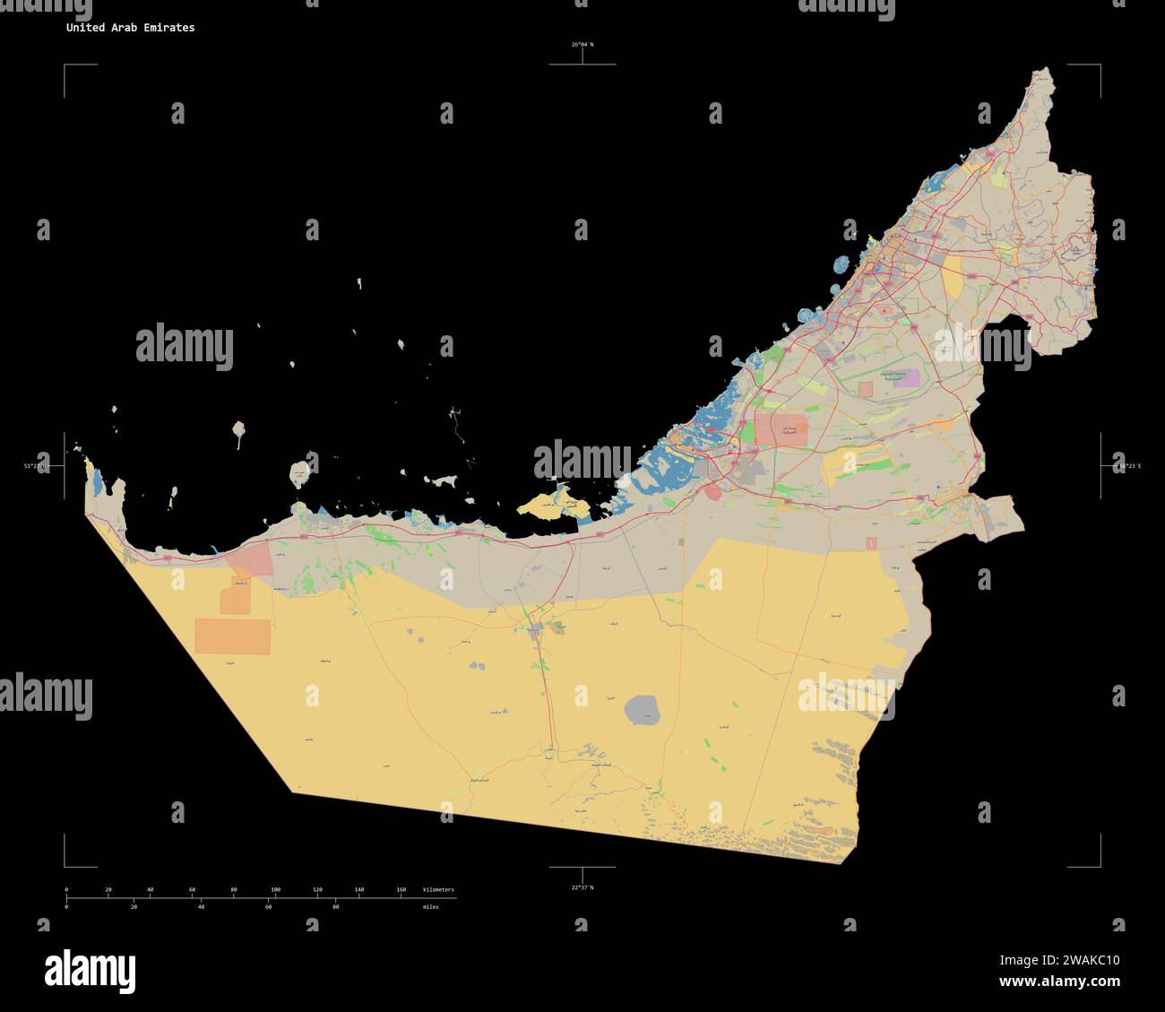 Shape of a topographic, OSM standard style map of the United Arab ...