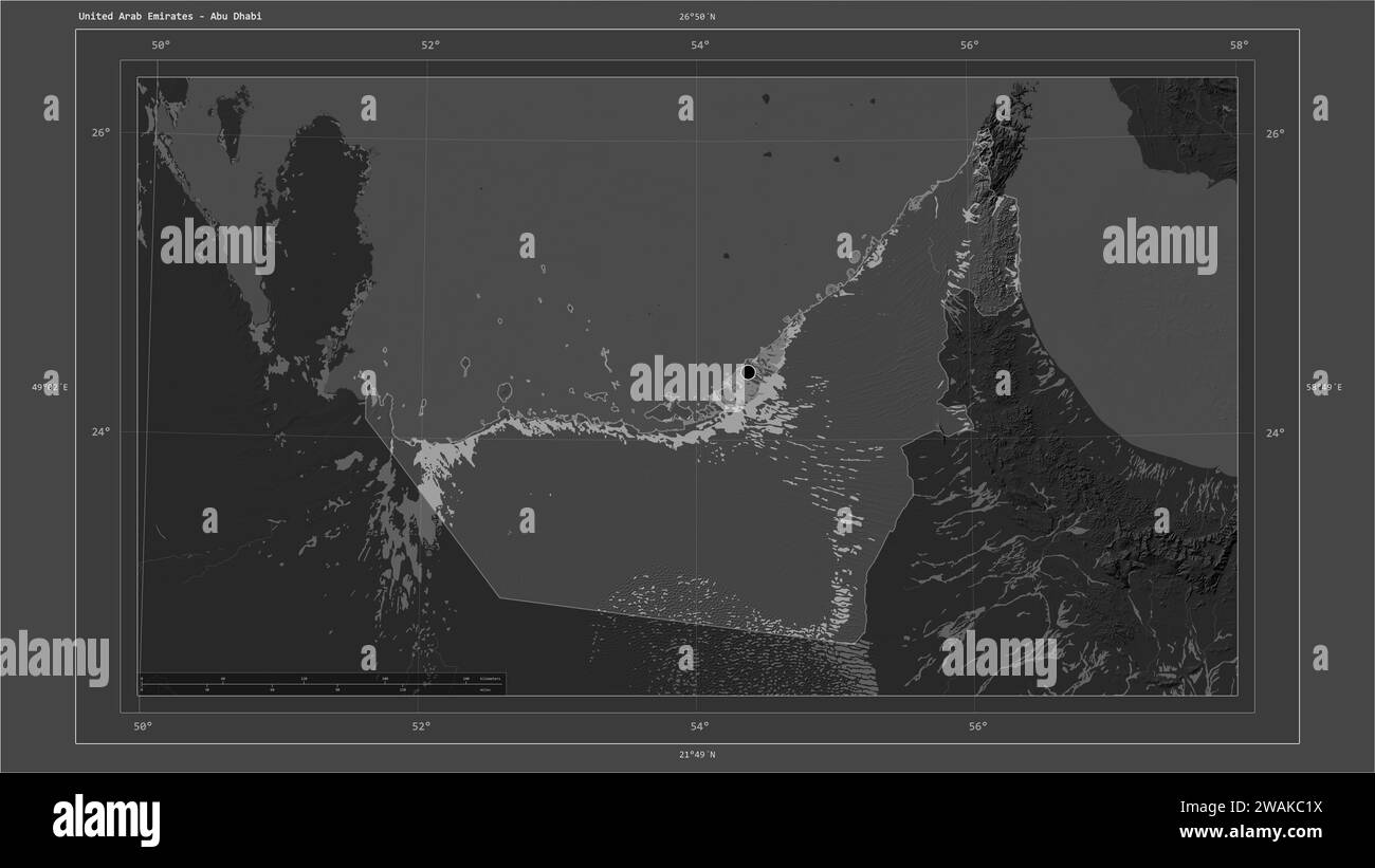 United Arab Emirates highlighted on a Bilevel elevation map with lakes ...
