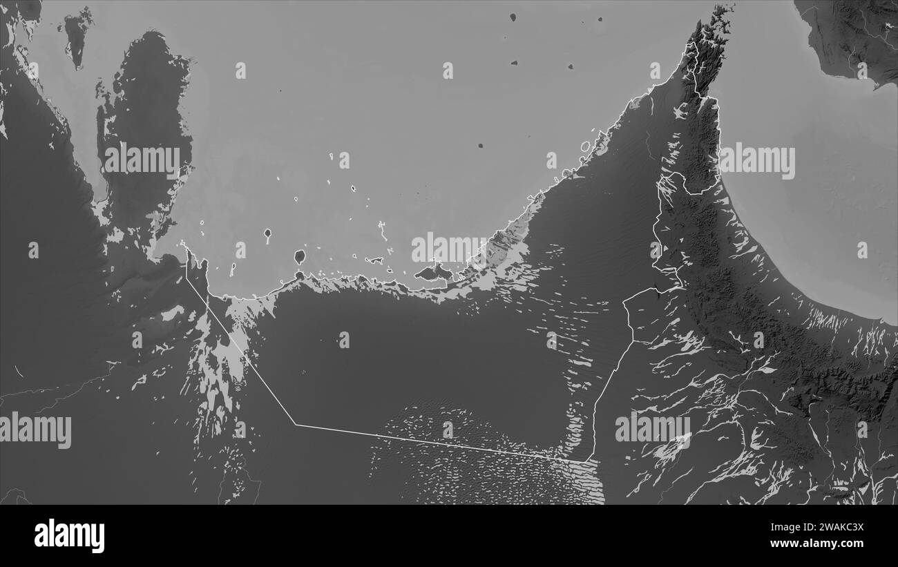 United Arab Emirates outlined on a Grayscale elevation map with lakes ...