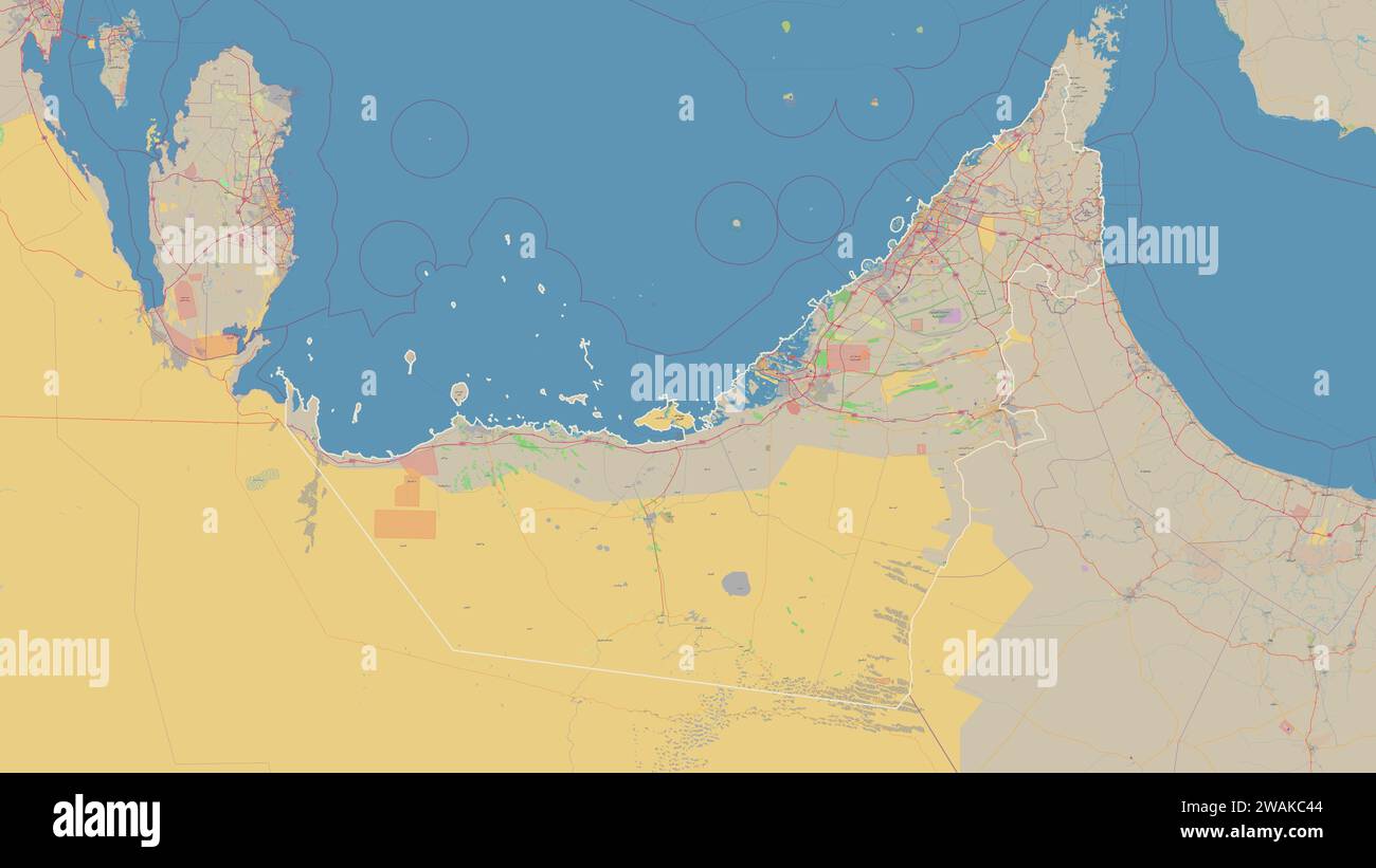 United Arab Emirates outlined on a topographic, OSM standard style map ...
