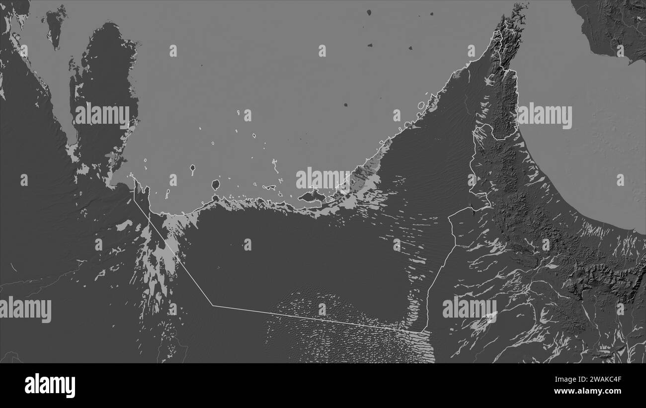 United Arab Emirates outlined on a Bilevel elevation map with lakes and ...