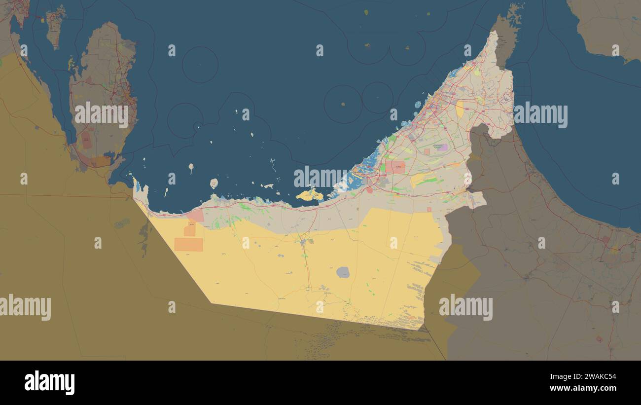 United Arab Emirates highlighted on a topographic, OSM standard style ...