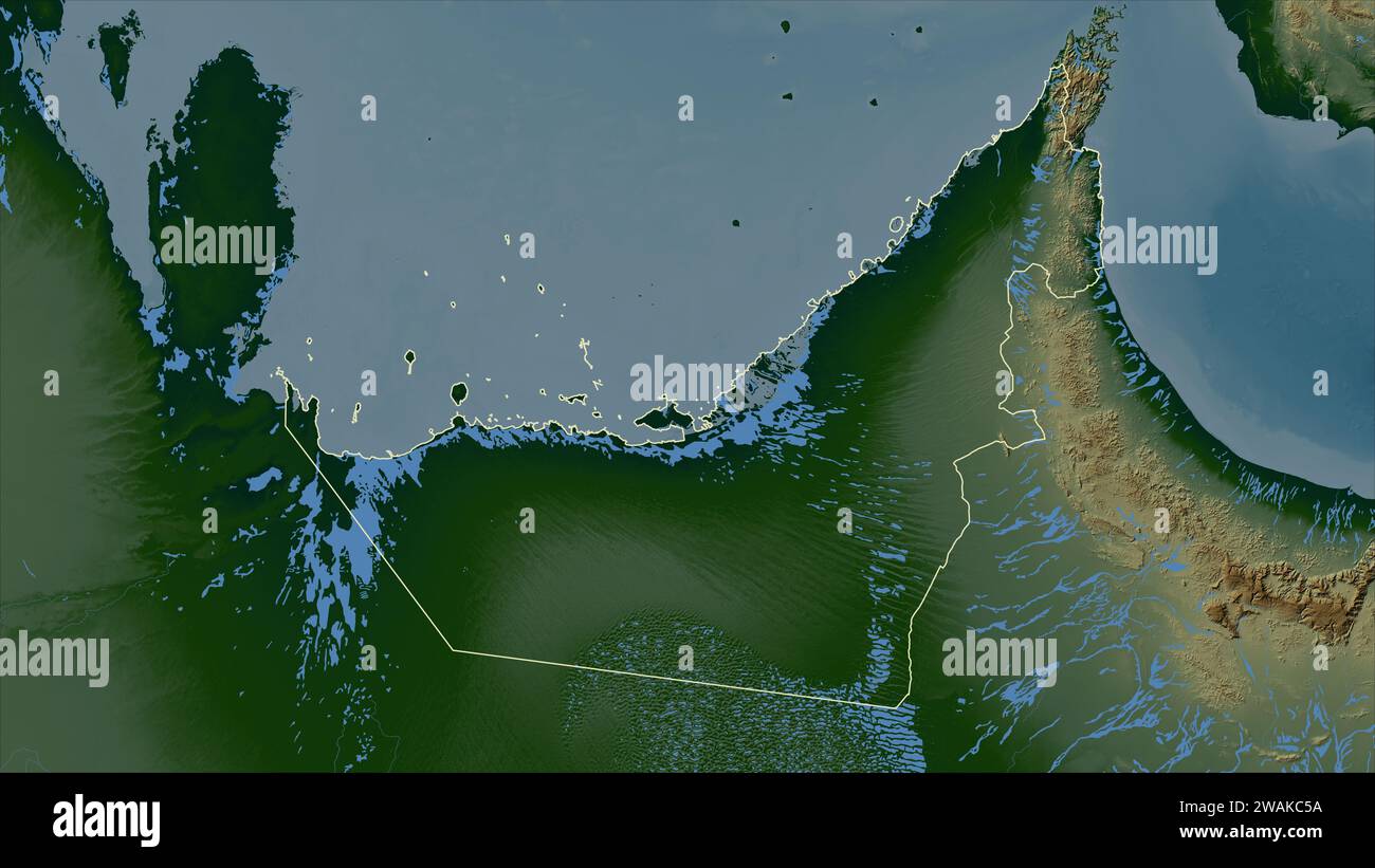 United Arab Emirates outlined on a Colored elevation map with lakes and ...