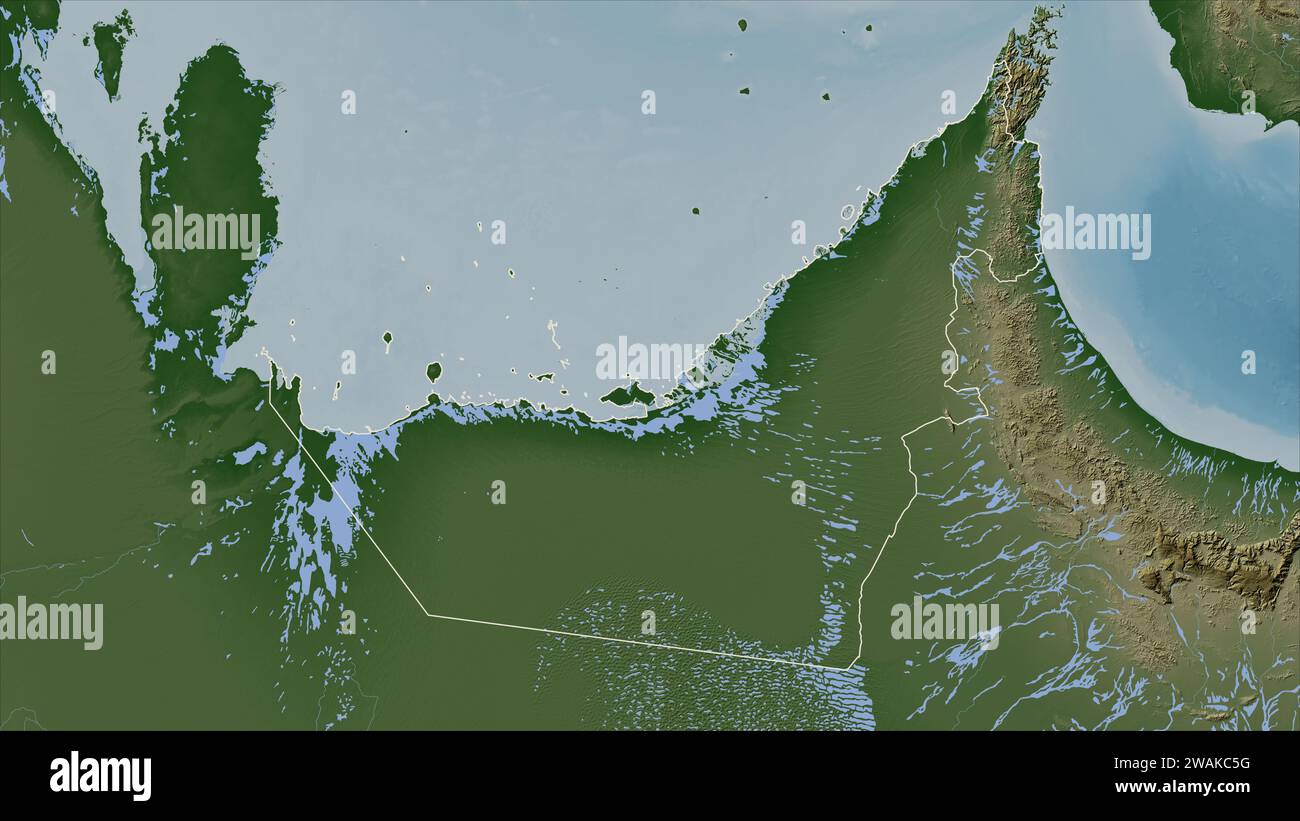 United Arab Emirates outlined on a Pale colored elevation map with ...
