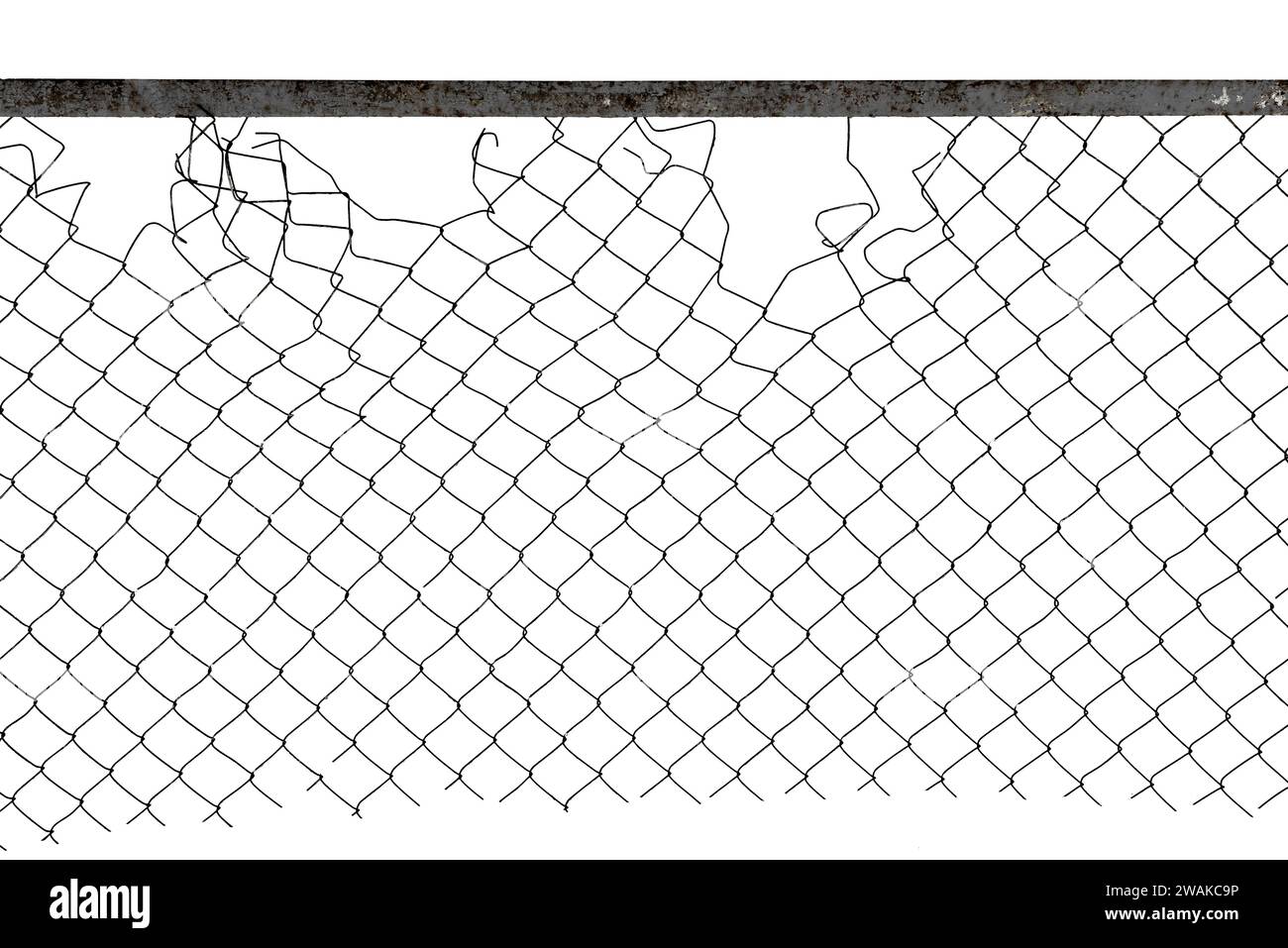 The texture of the metal mesh. Torn, destroyed, broken metal mesh on a ...