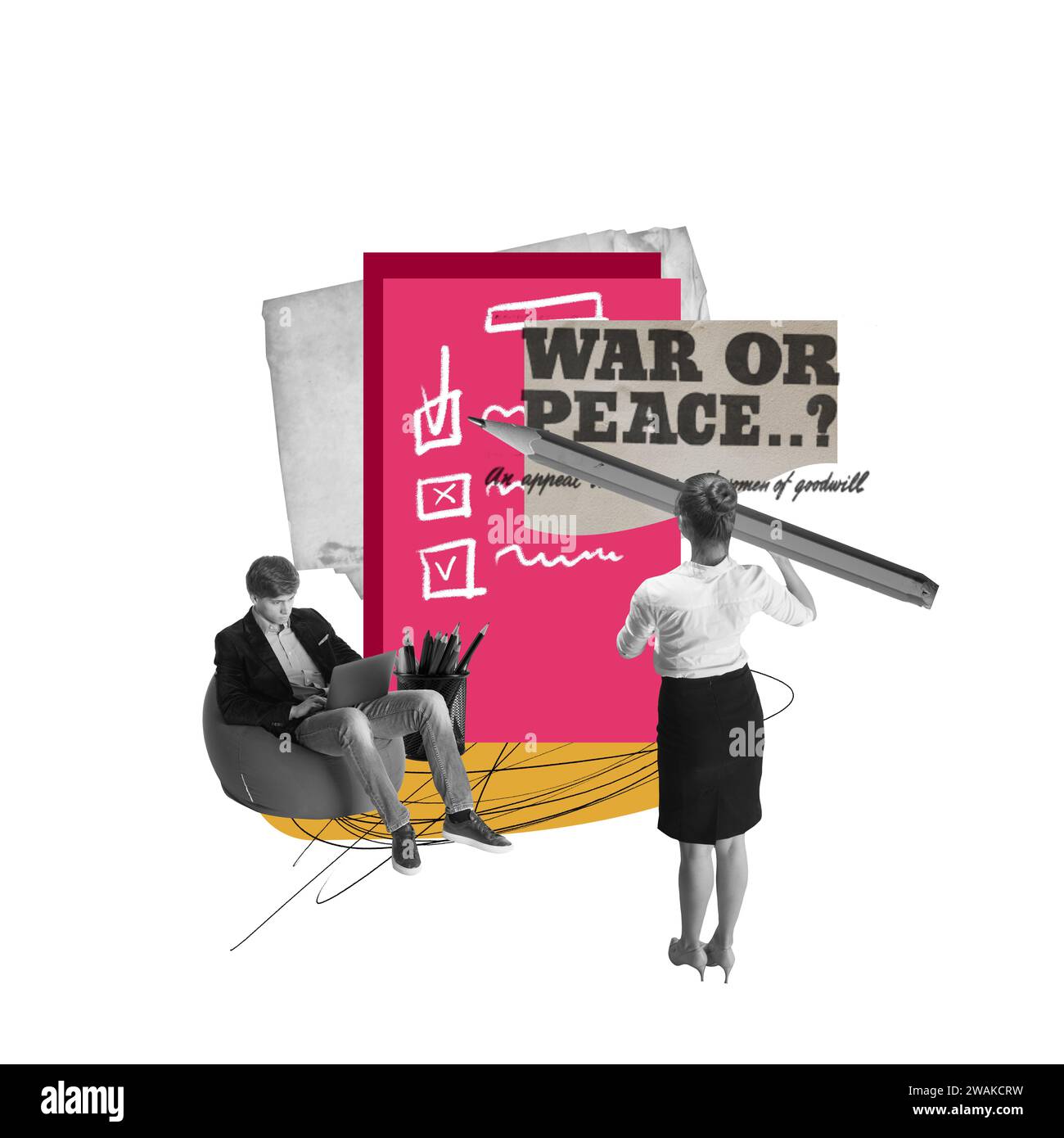 Young woman putting checkmark on document, plan, man working online ...