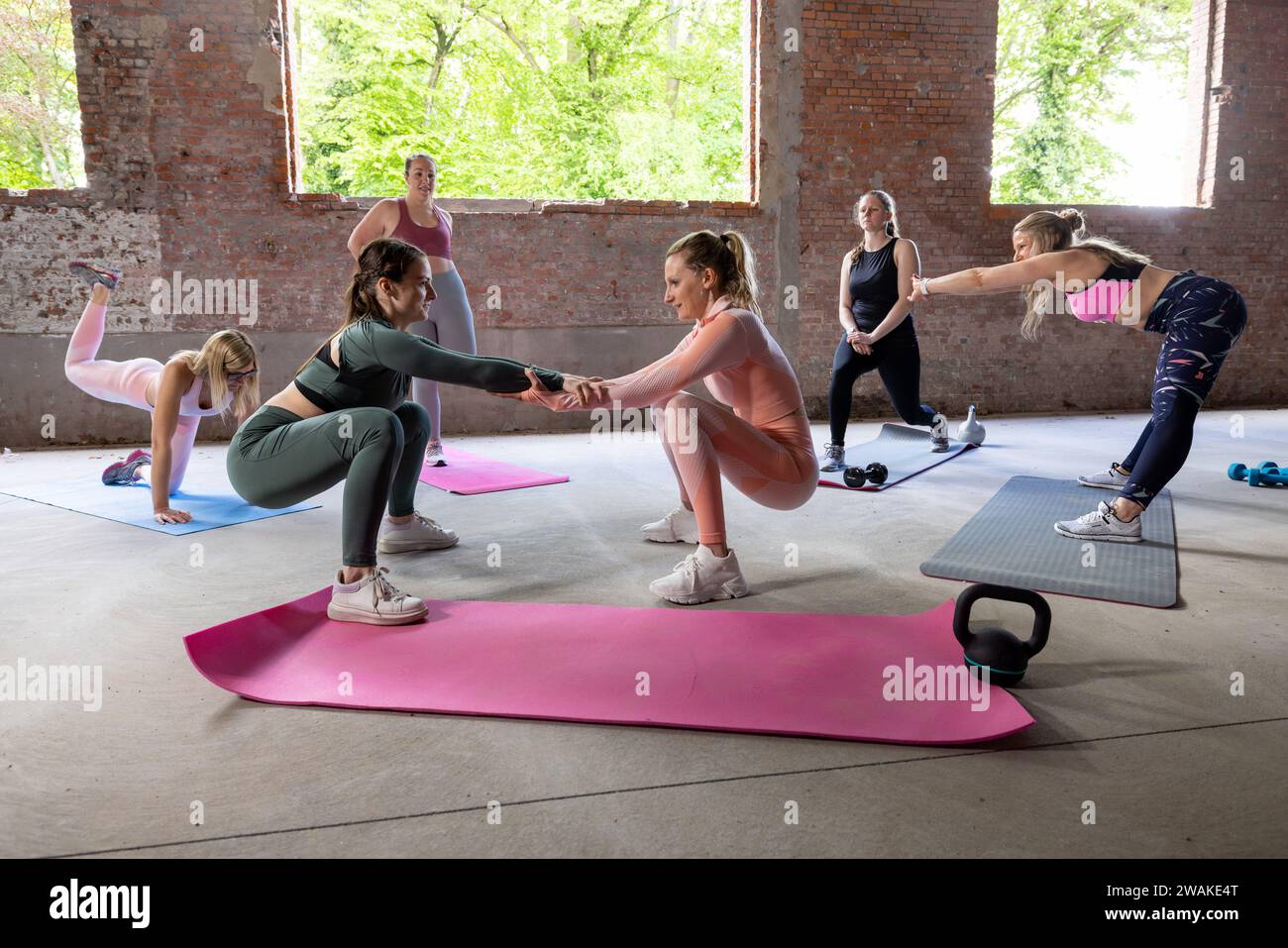 In this dynamic scene, a group of women participates in a varied ...