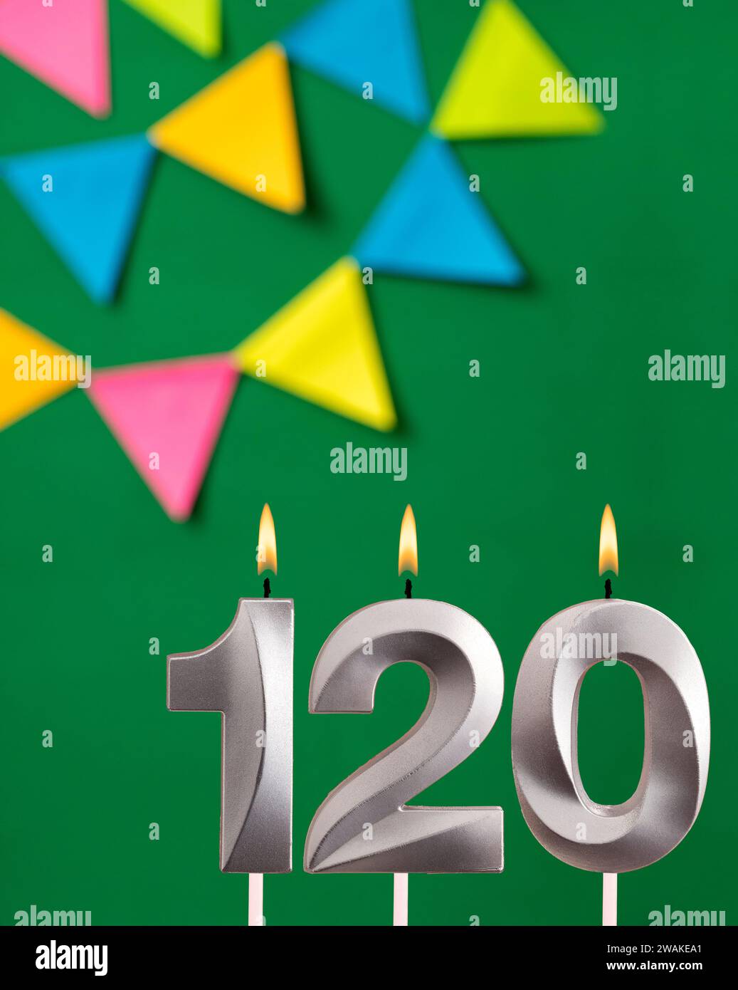 Vertical birthday card with number 120 candle - Green background with ...