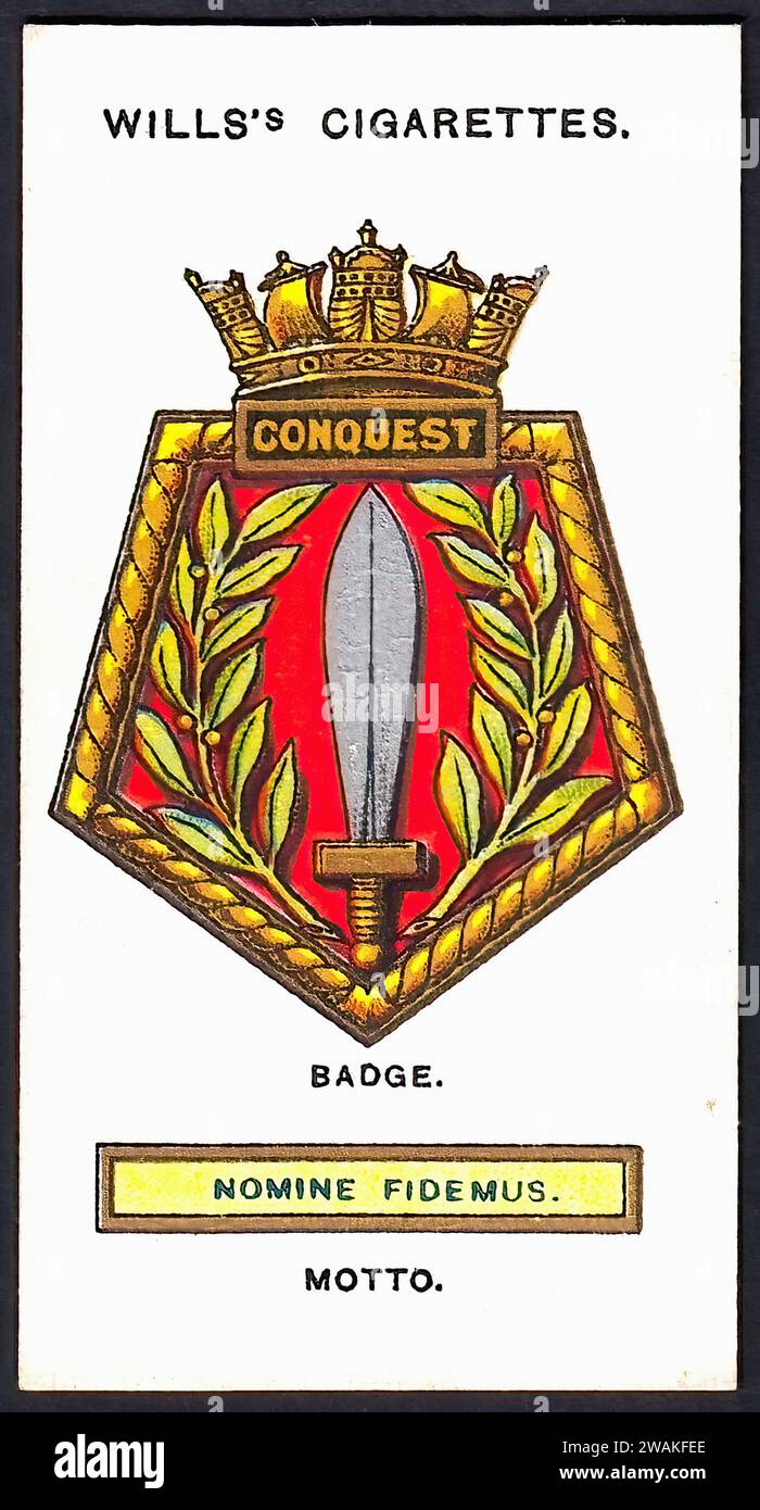 Ships Badge of HMS Conquest - Vintage Cigarette Card Illustration Stock ...