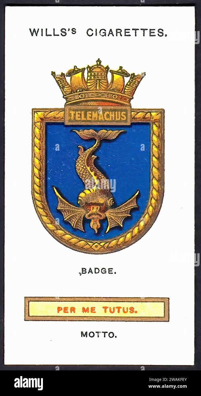 Ships Badge of HMS Telemachus - Vintage Cigarette Card Illustration ...