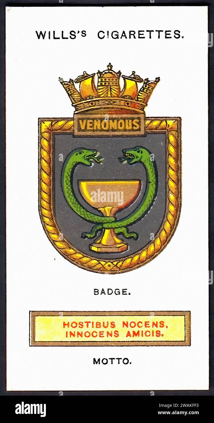 Ships Badge of HMS Venomous - Vintage Cigarette Card Illustration Stock ...