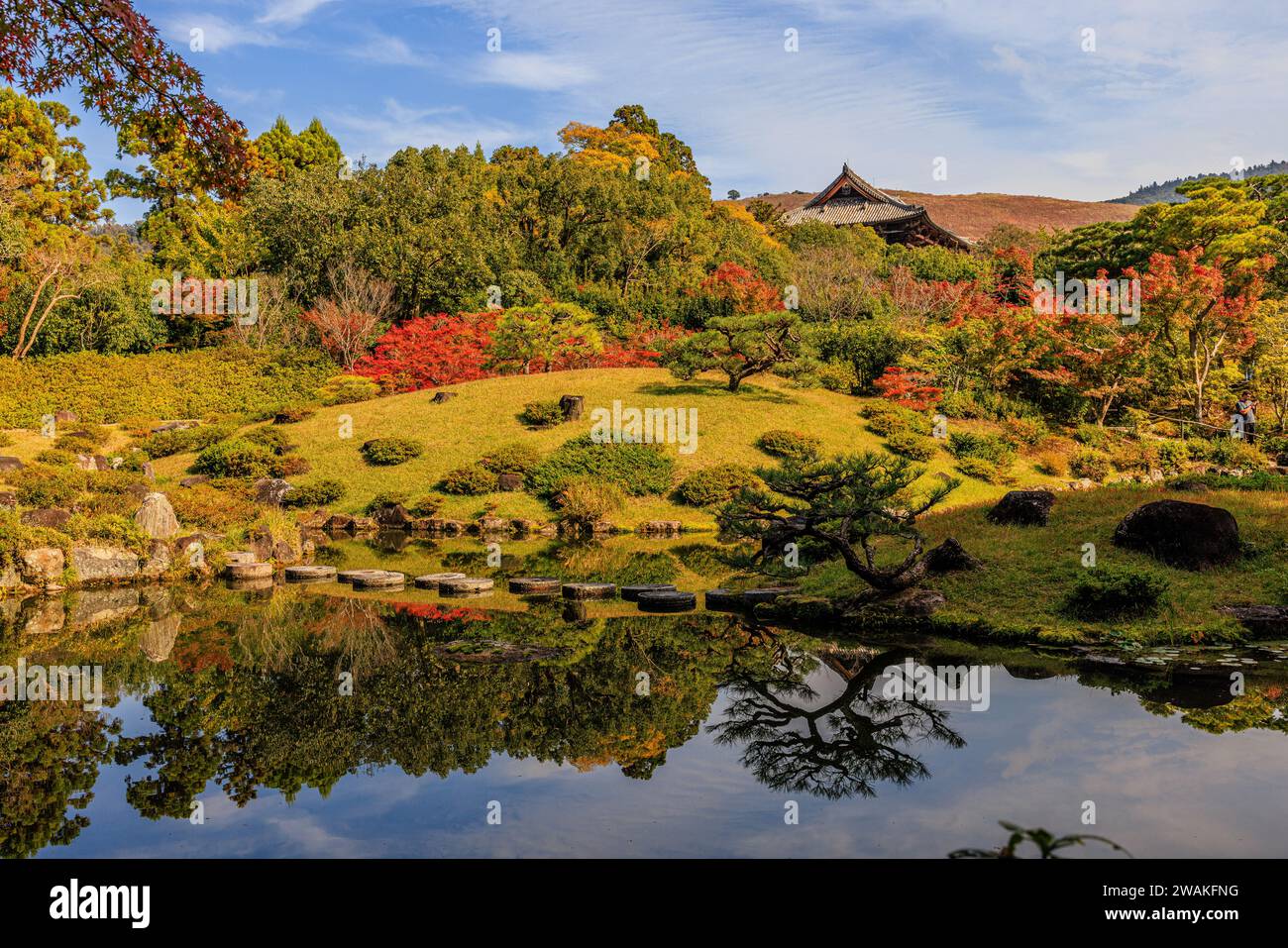 isuien gardens in nara in autumn reflections of colourful trees in the ...